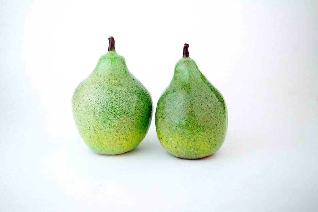 Handmade ceramic pear set, glazed green with yellow. - PotterAsh.com